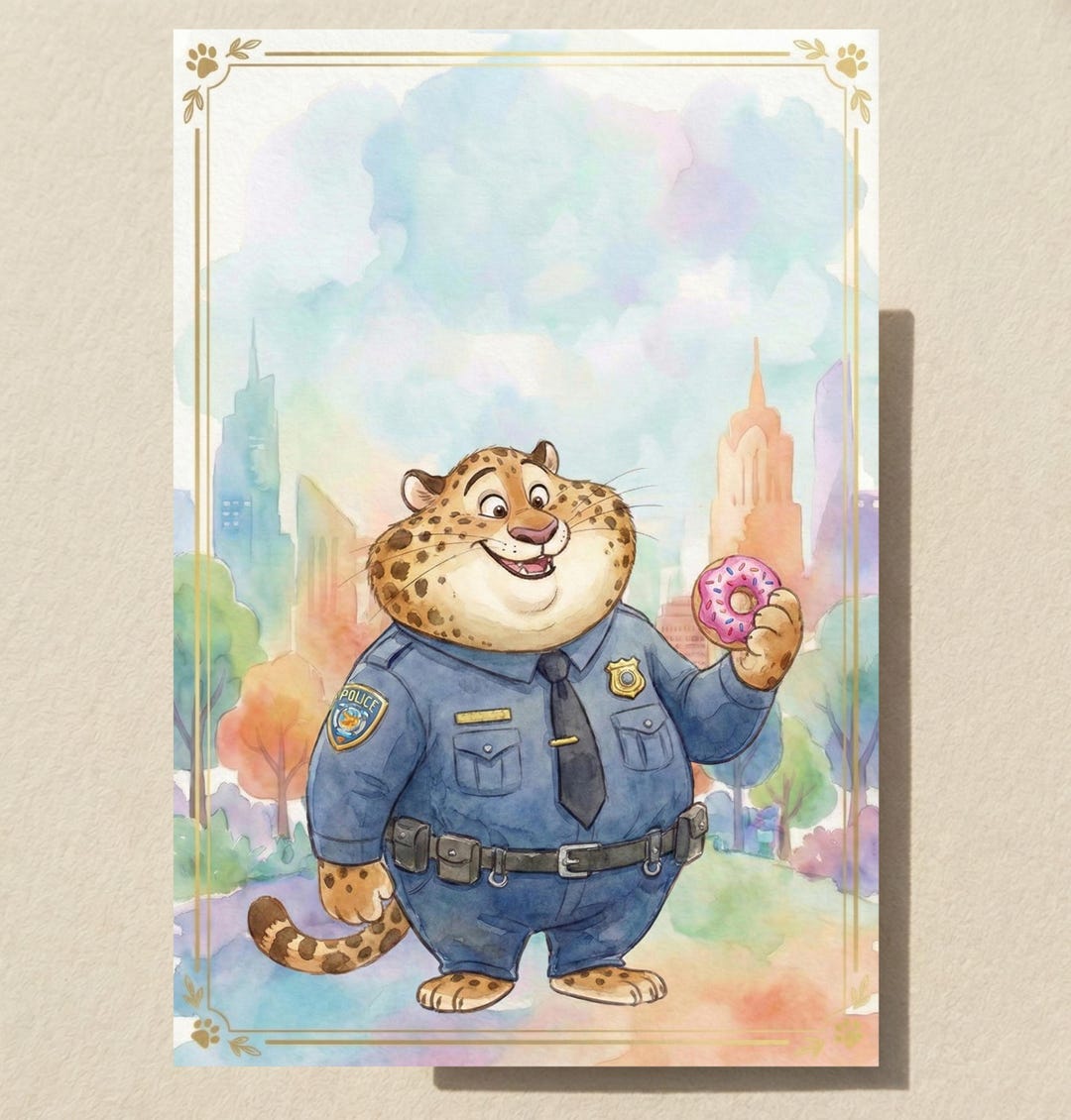 Zootopia Inspired Officer Clawhauser Character Print, Watercolor Design ...