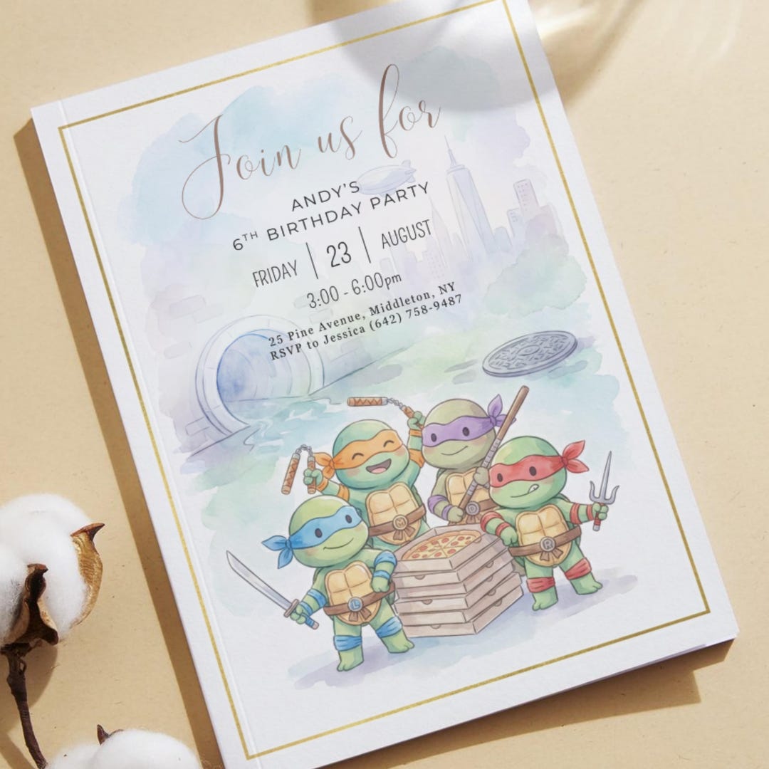 Teenage Mutant Ninja Turtles Birthday Invitation, Watercolor (editable ...