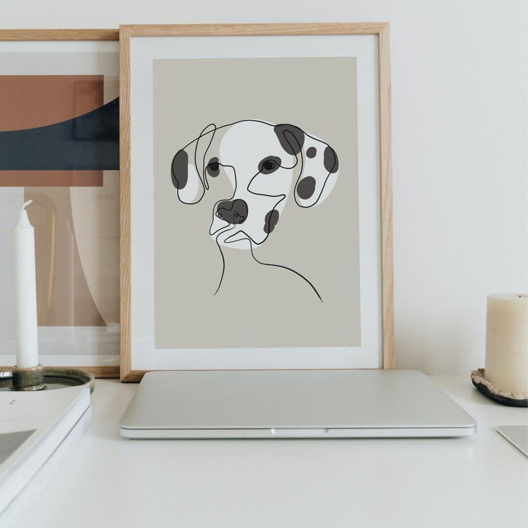 Hand-drawn Modern One Line Art Dalmatian Pet Dog Portrait in Warm ...