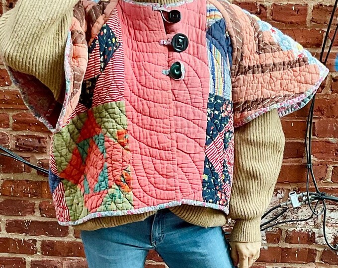 Vintage Patchwork Quilt Handmade Oversized Embroidered Shrug Cape Coat ...