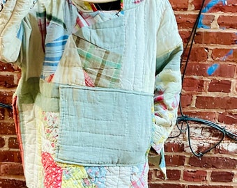 Vintage Handmade Patchwork Quilt Oversized Pullover Hooded Coat Jacket ...