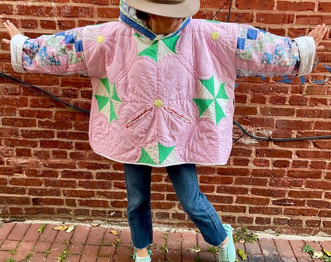 Vintage Handmade Patchwork Quilt Oversized Pullover Hooded Coat Jacket ...
