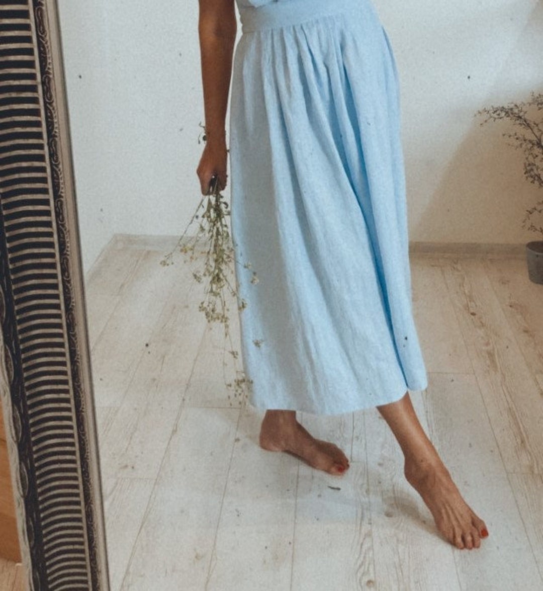 Baby Blue Midi Linen Skirt With Pockets,simple Loose,natural Linen ...