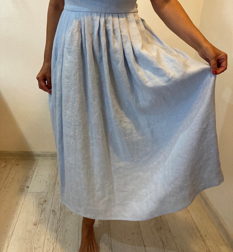 Baby Blue Midi Linen Skirt With Pockets,simple Loose,natural Linen ...