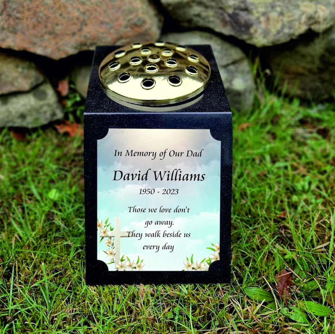 Personalised Granite Graveside Memorial Vase for Grave With Cross and ...