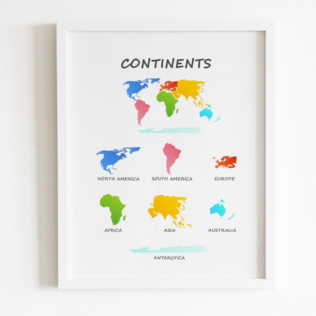 Continents Map Print, World Map Print for Kids, Education Printable ...