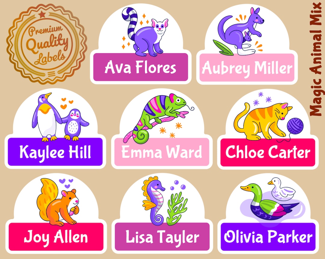 Cute Custom Name - 16 X Premium Label | Magic Animal Mix | Perfect Kids ...