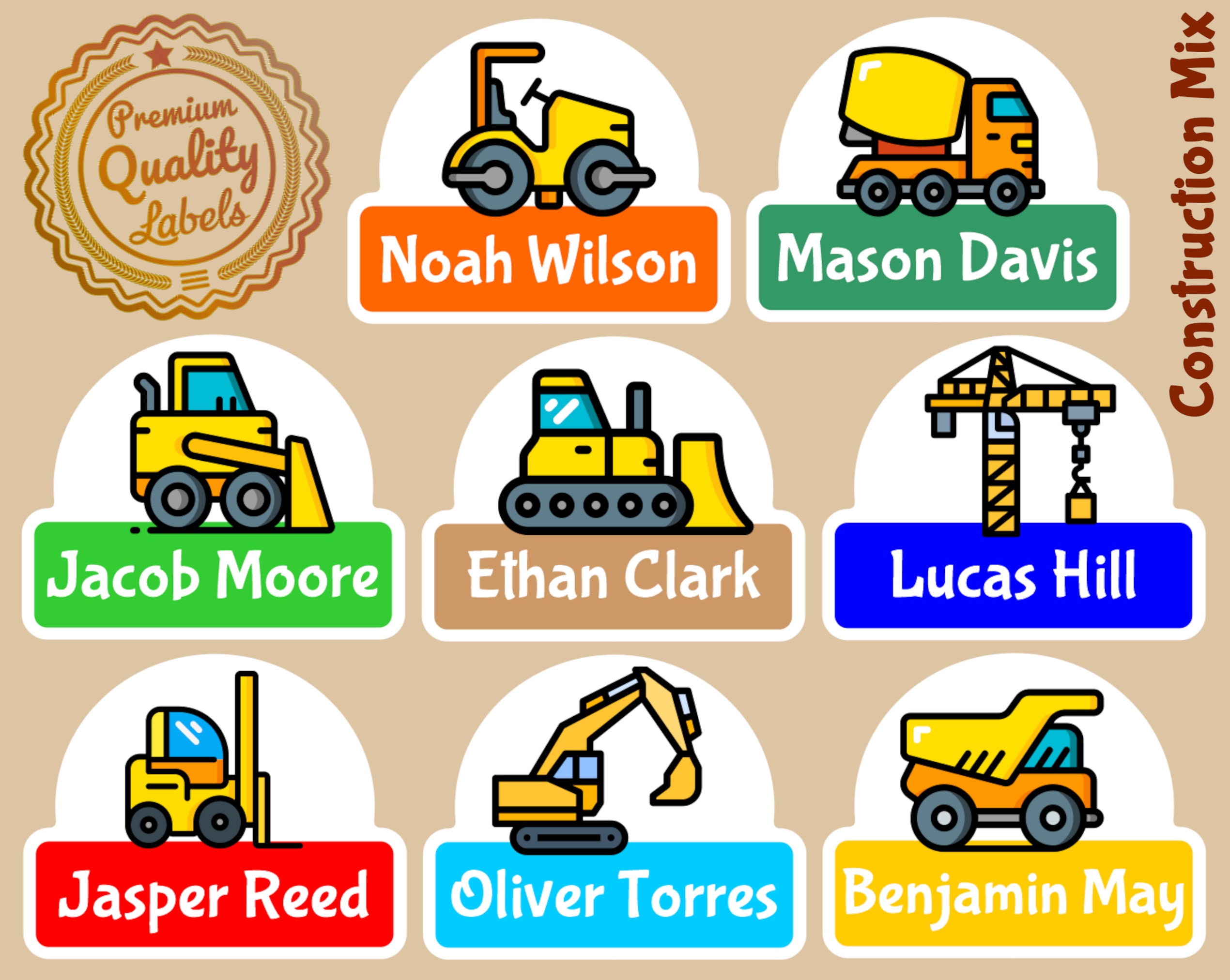Cute Custom Name 16 X Premium Label Construction Mix Perfect Kids ...