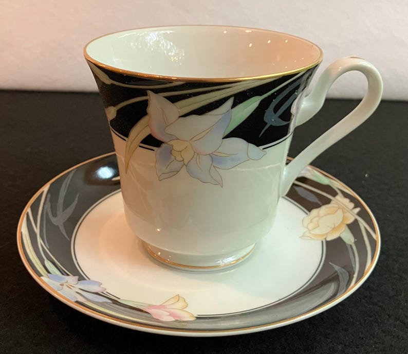Vintage Mikasa Charisma Black Cup and Saucer Set: Floral Porcelain With ...