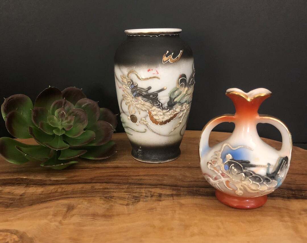 Two Vintage Small Japanese Porcelain Dragonware Vases, Raised Design ...