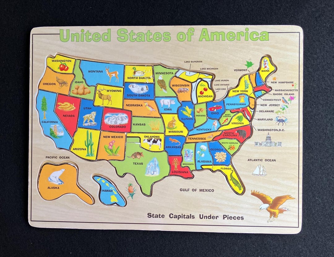 Vintage Wooden Puzzle, Colorful USA Map With State Capitals Listed ...