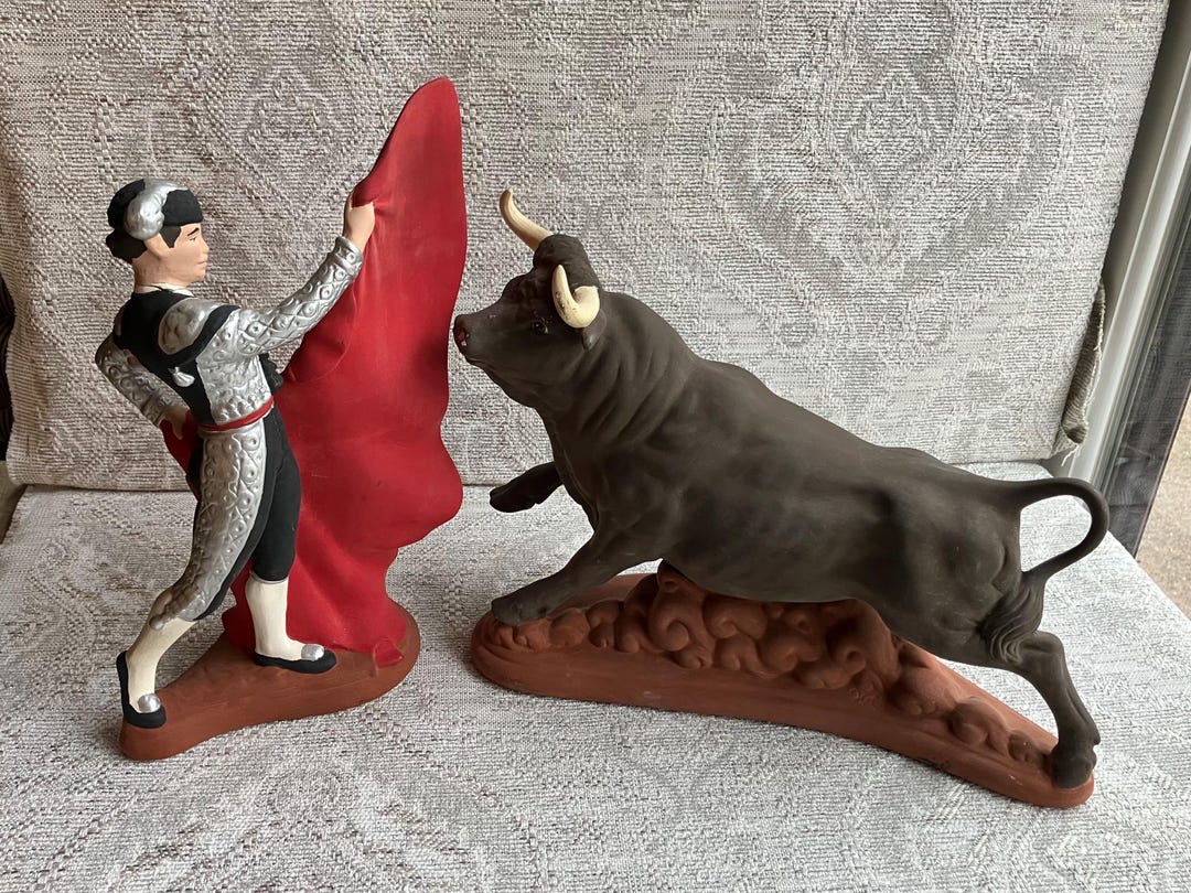 Large Vintage Ceramic Figurine Set of a Matador and Bull, Atlantic Mold ...