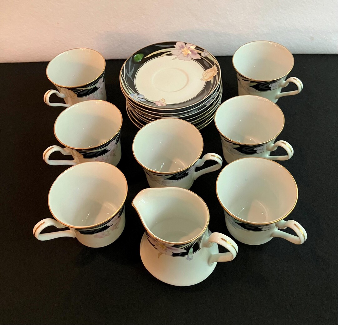Vintage Mikasa Charisma Black Cup and Saucer Set: Floral Porcelain With ...