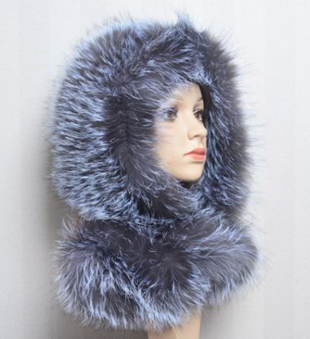 Knitted Silver Real Fox Fur Hood Turban Scarf Hat Tube All in One Women ...
