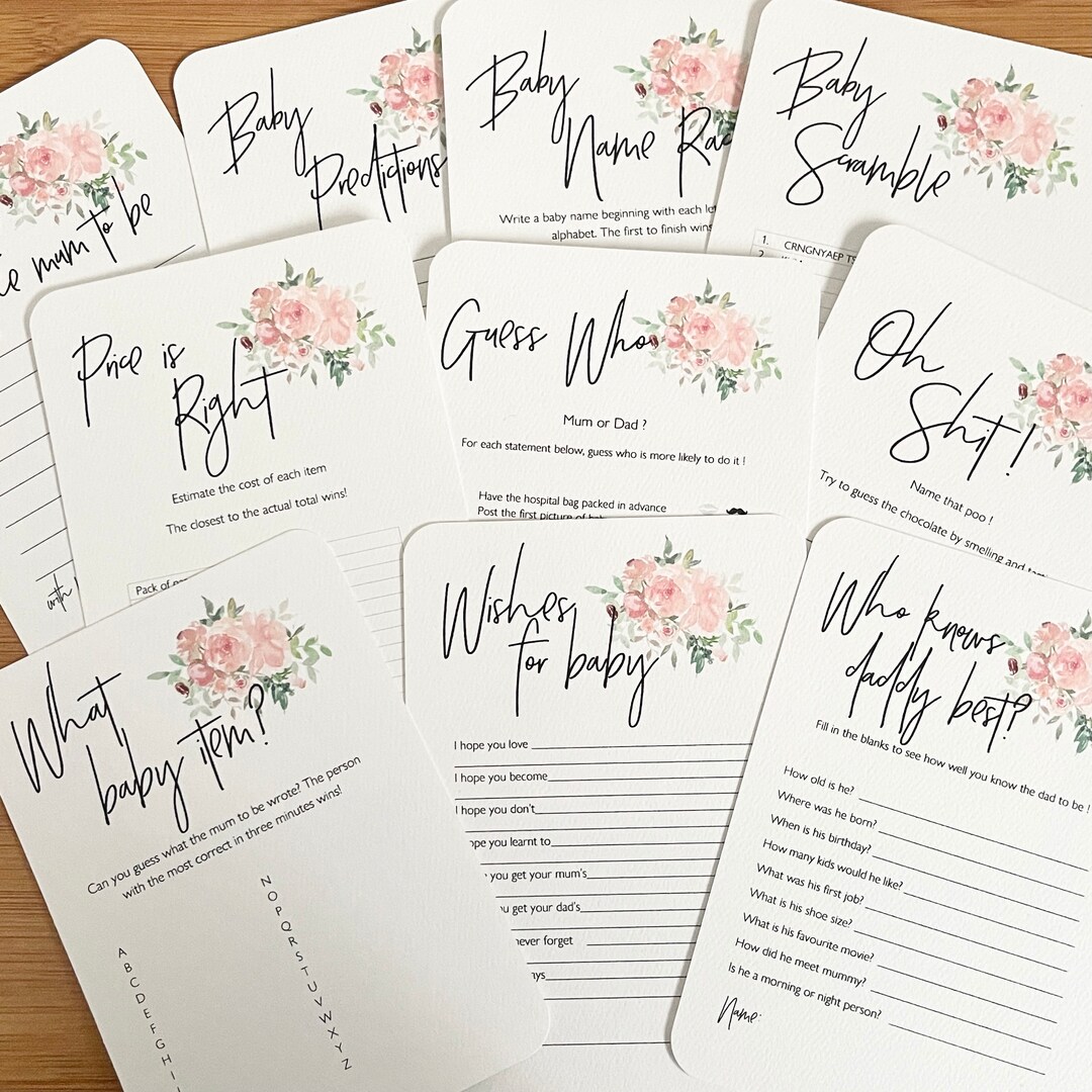 12 X Printed Baby Shower Game Cards - Advice, Wishes, Games, Don’t Say ...