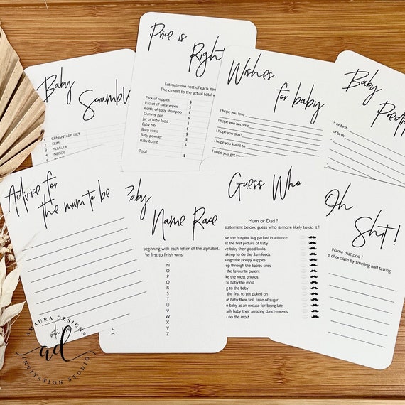 12 X Printed Baby Shower Game Cards Advice Wishes Games | Etsy Australia