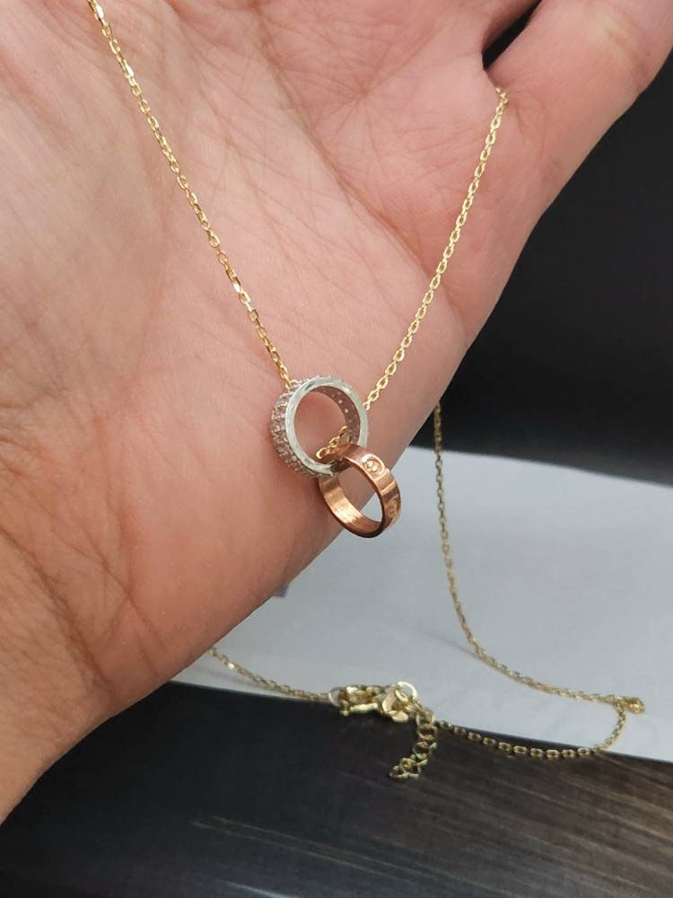 18K Real Gold Necklace 18K Gold Double Circle Necklace 18K - Etsy