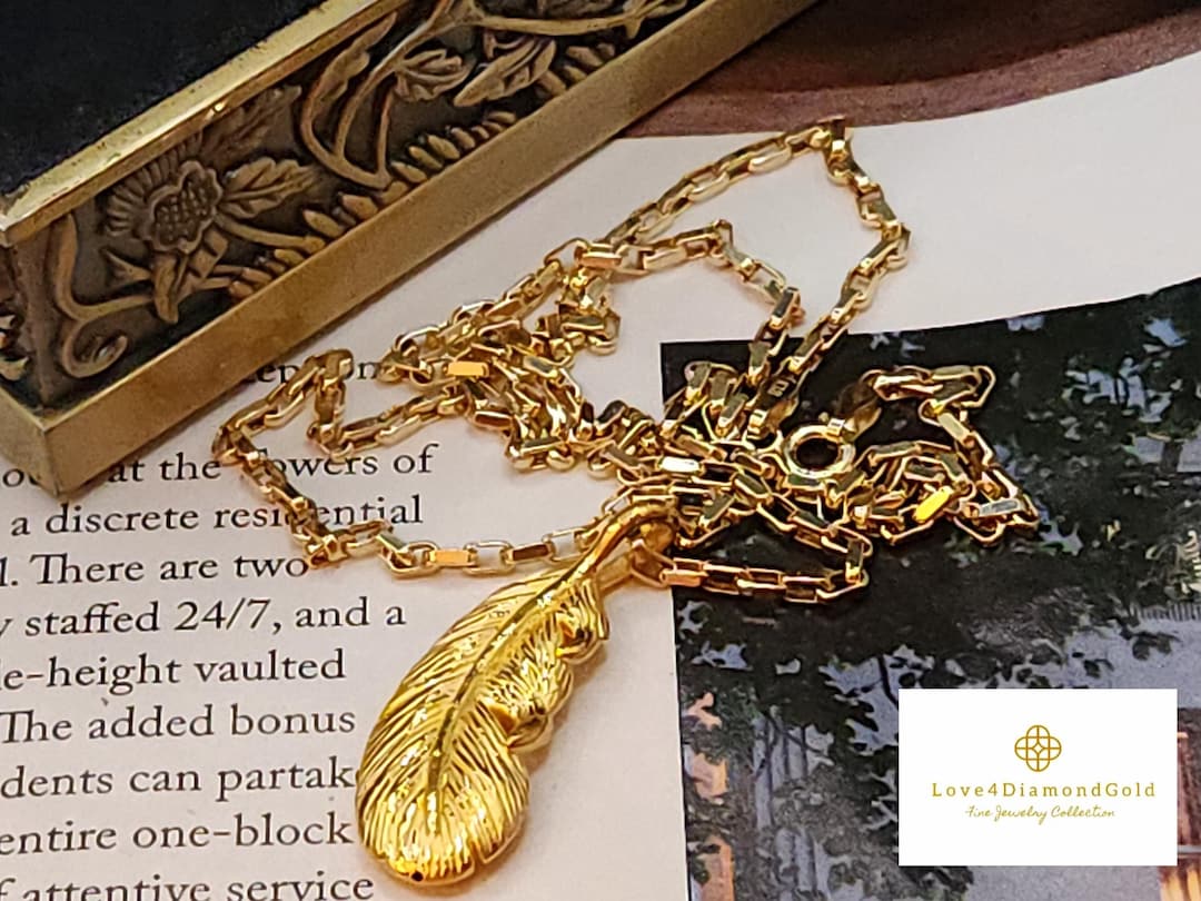 24K Real Gold Necklace Lucky Feather Necklace 24K Gold Feather Pendant 18K Rectangular Chain ...