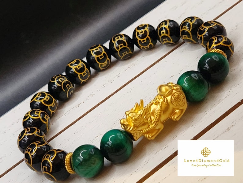 24K Gold Pixiu Bracelet: Onyx & Tiger Eye Feng Shui Piyao - Etsy