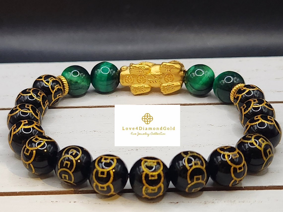 24K Gold Pixiu Bracelet: Onyx & Tiger Eye Feng Shui Piyao - Etsy