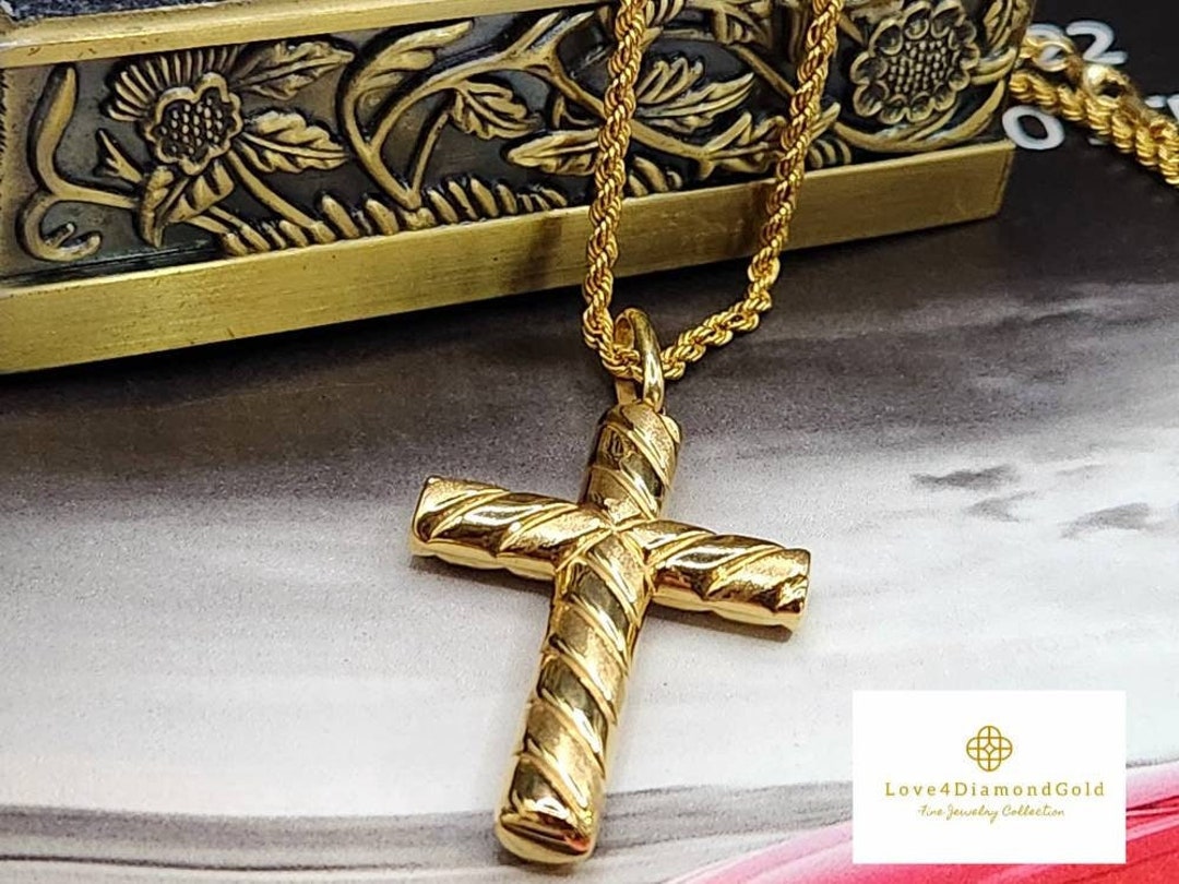 18K Real Solid Gold Cross Necklace 18K Gold Double Sided Cross Necklace ...
