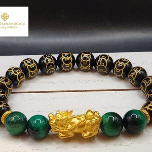 24K Gold Pixiu Bracelet: Onyx & Tiger Eye Feng Shui Piyao - Etsy