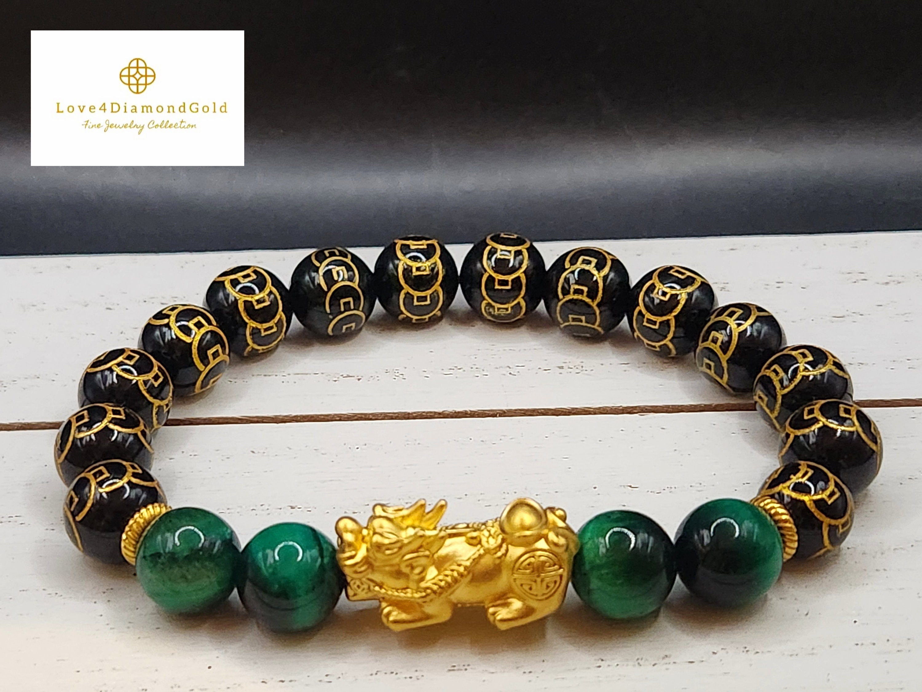 24K Gold Pixiu Bracelet: Onyx & Tiger Eye Feng Shui Piyao - Etsy