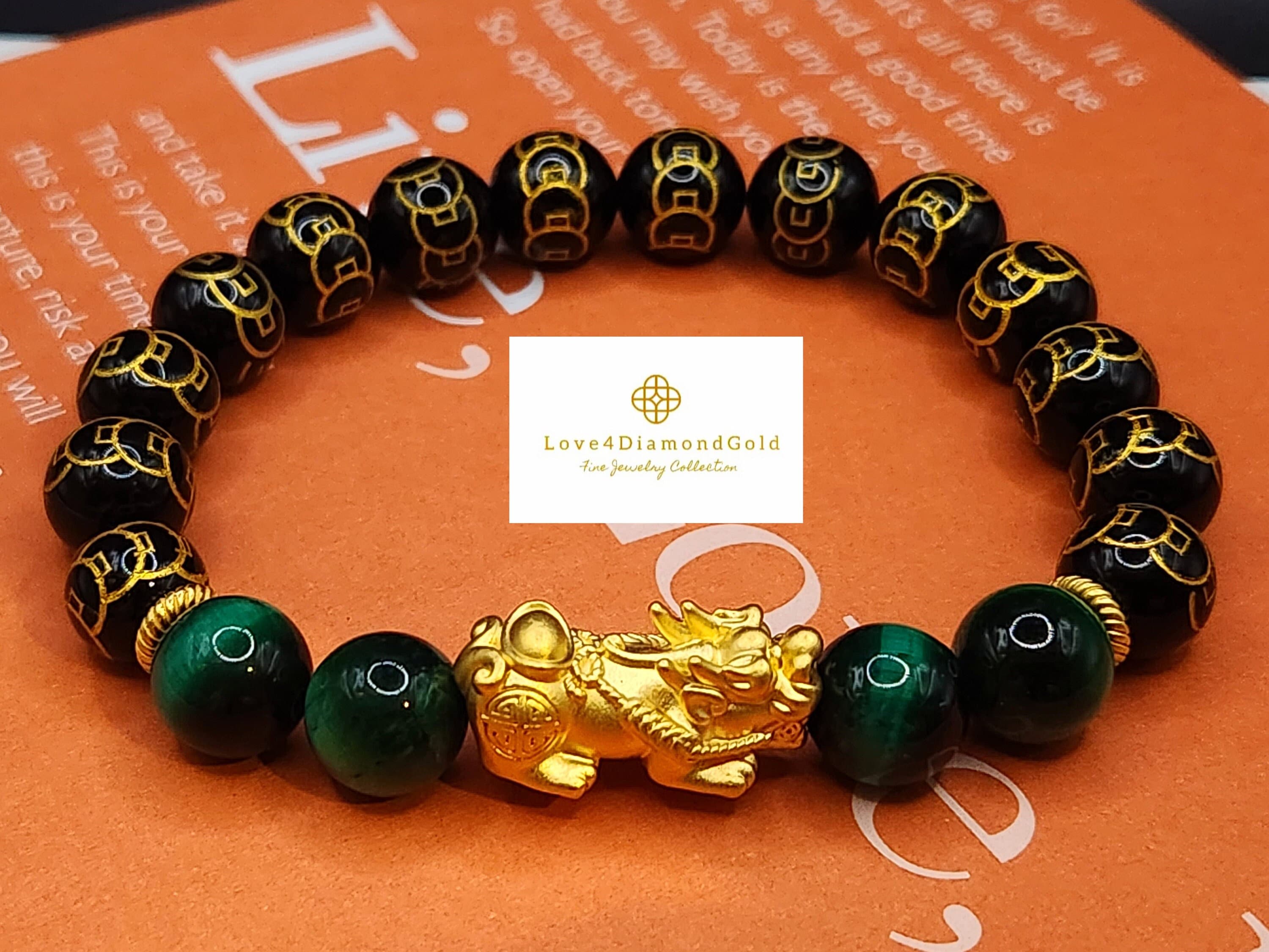 24K Gold Pixiu Bracelet: Onyx & Tiger Eye Feng Shui Piyao - Etsy