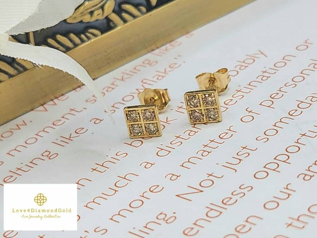 18K Real Diamond Earrings / Princess Cut Diamond Earrings / Square ...