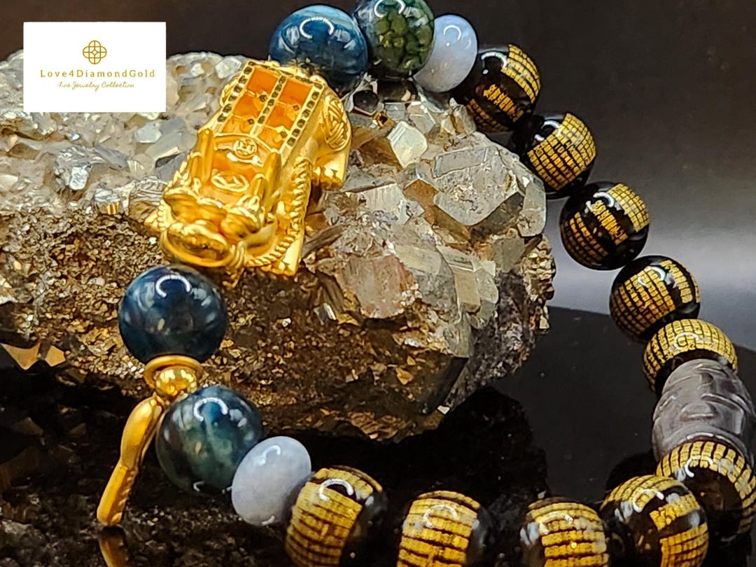 24K Gold Pixiu Bracelet: Onyx & Agate Feng Shui Wealth Charm - Etsy