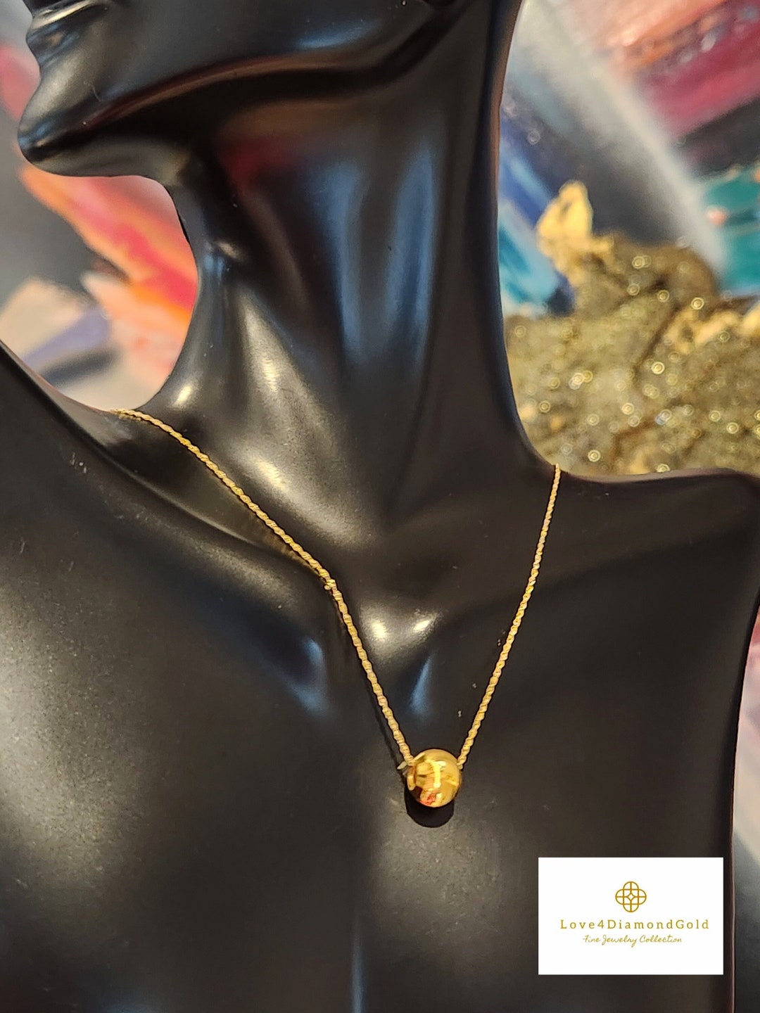 24K Gold Ball Pendant, 18K Gold Chain: Minimalist Fine Jewelry, Lucky ...