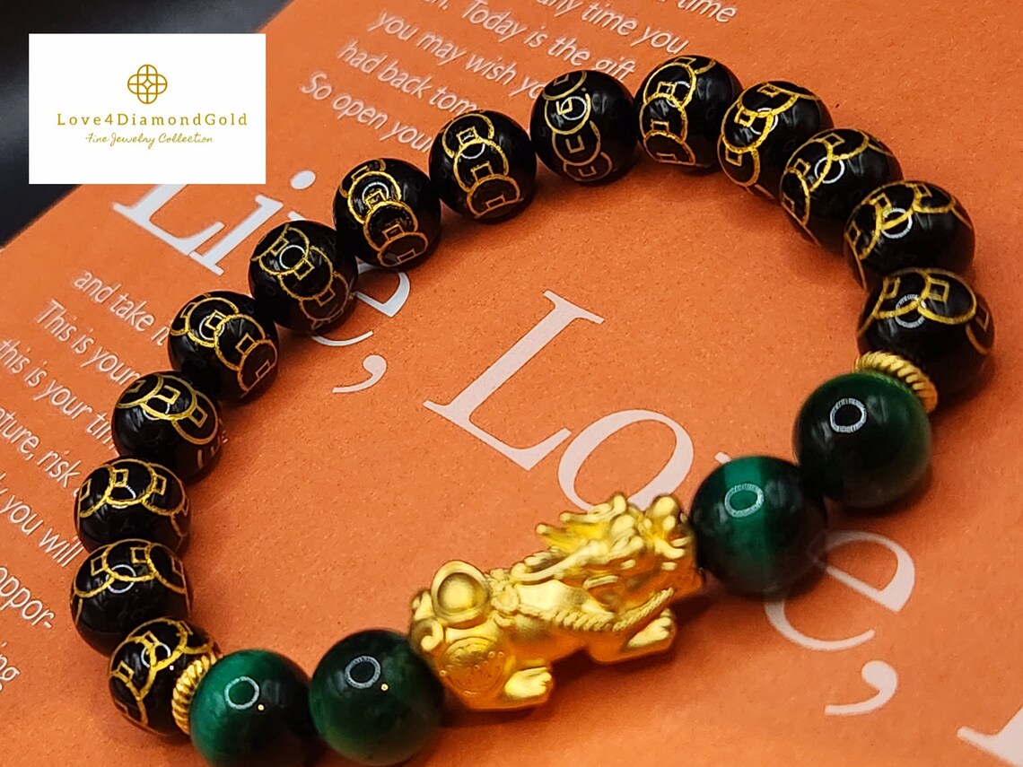 24K Gold Pixiu Bracelet: Onyx & Tiger Eye Feng Shui Piyao - Etsy