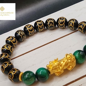 24K Gold Pixiu Bracelet: Onyx & Tiger Eye Feng Shui Piyao - Etsy