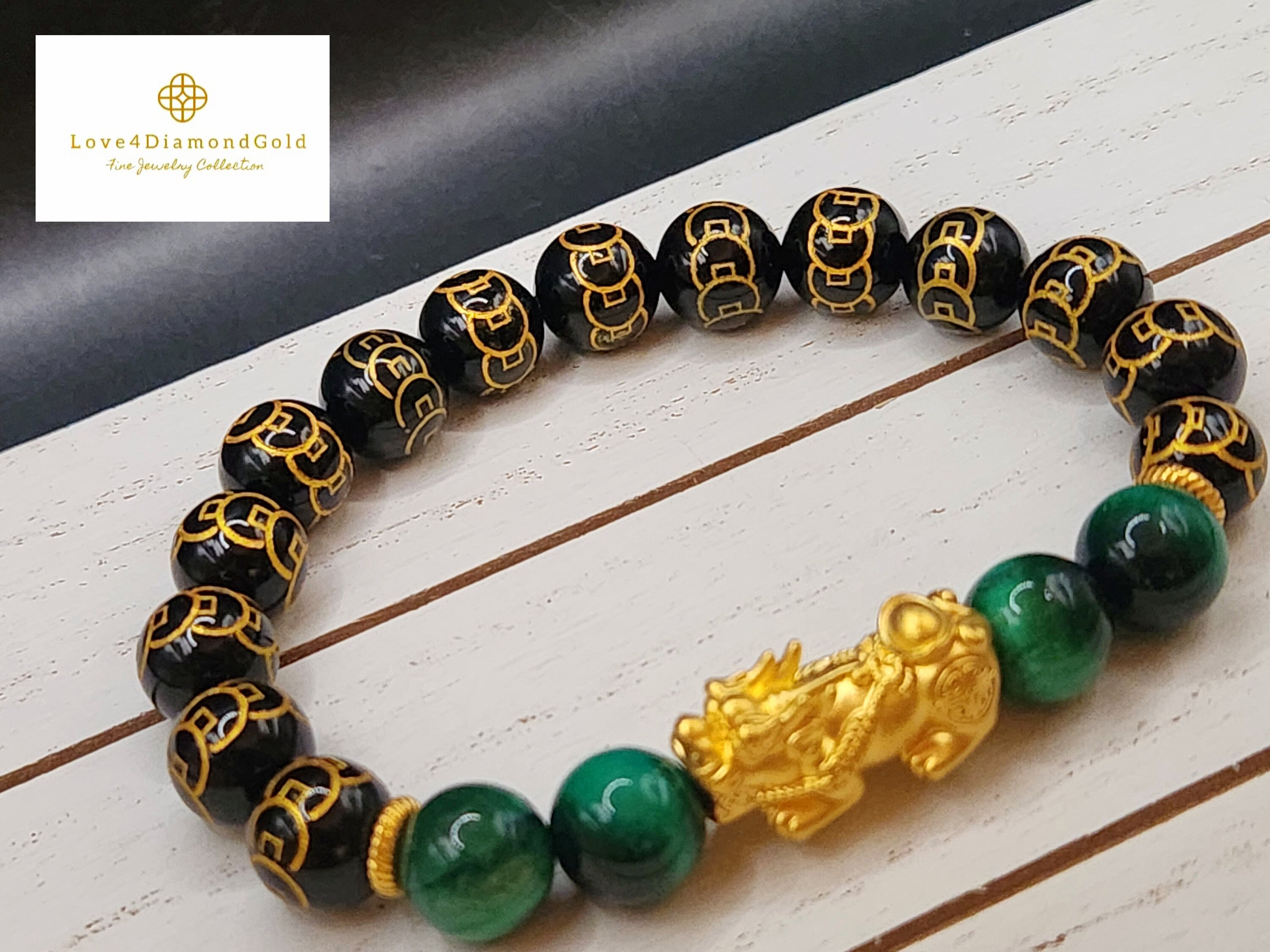 24K Gold Pixiu Bracelet: Onyx & Tiger Eye Feng Shui Piyao - Etsy