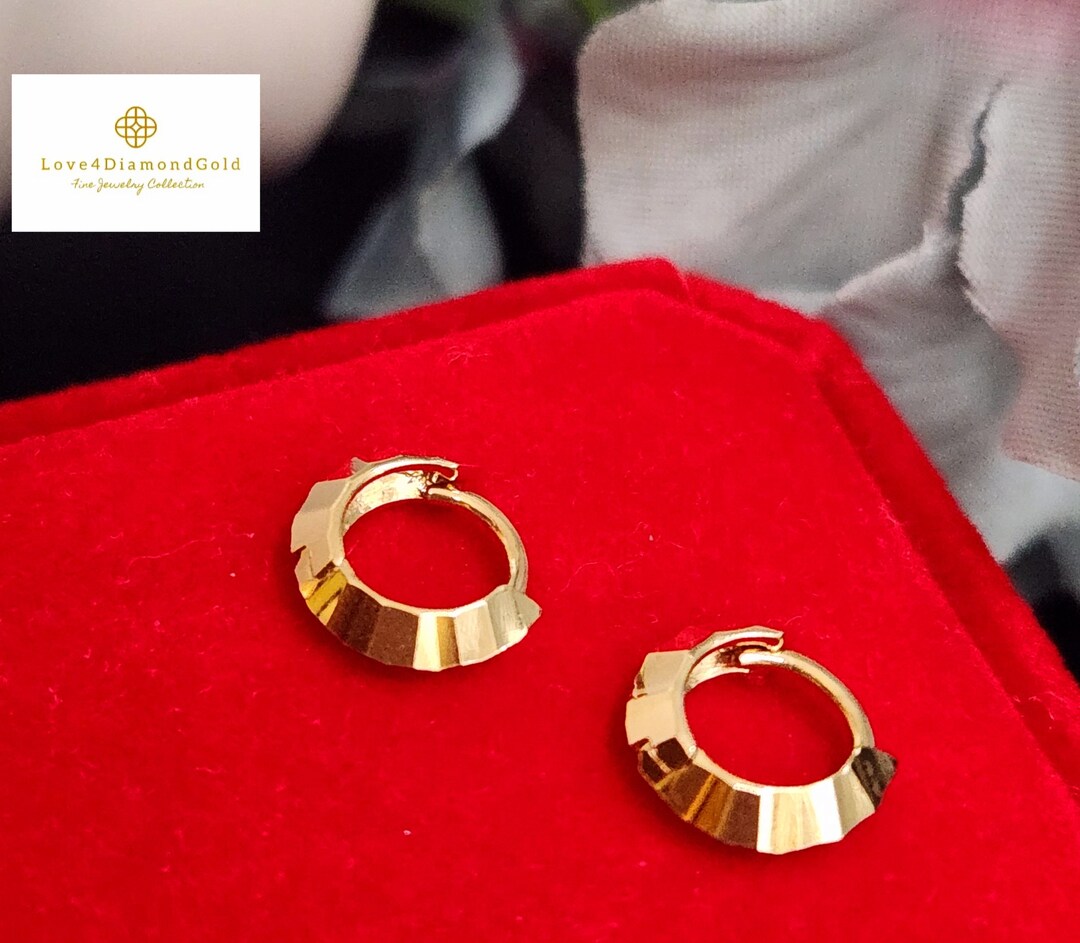 Real 18K Gold Earrings 18K Gold Loop Earrings Shiny Small Earrings Hoop ...
