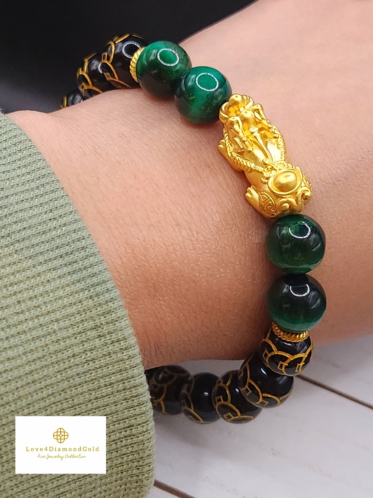 24K Gold Pixiu Bracelet: Onyx & Tiger Eye Feng Shui Piyao - Etsy