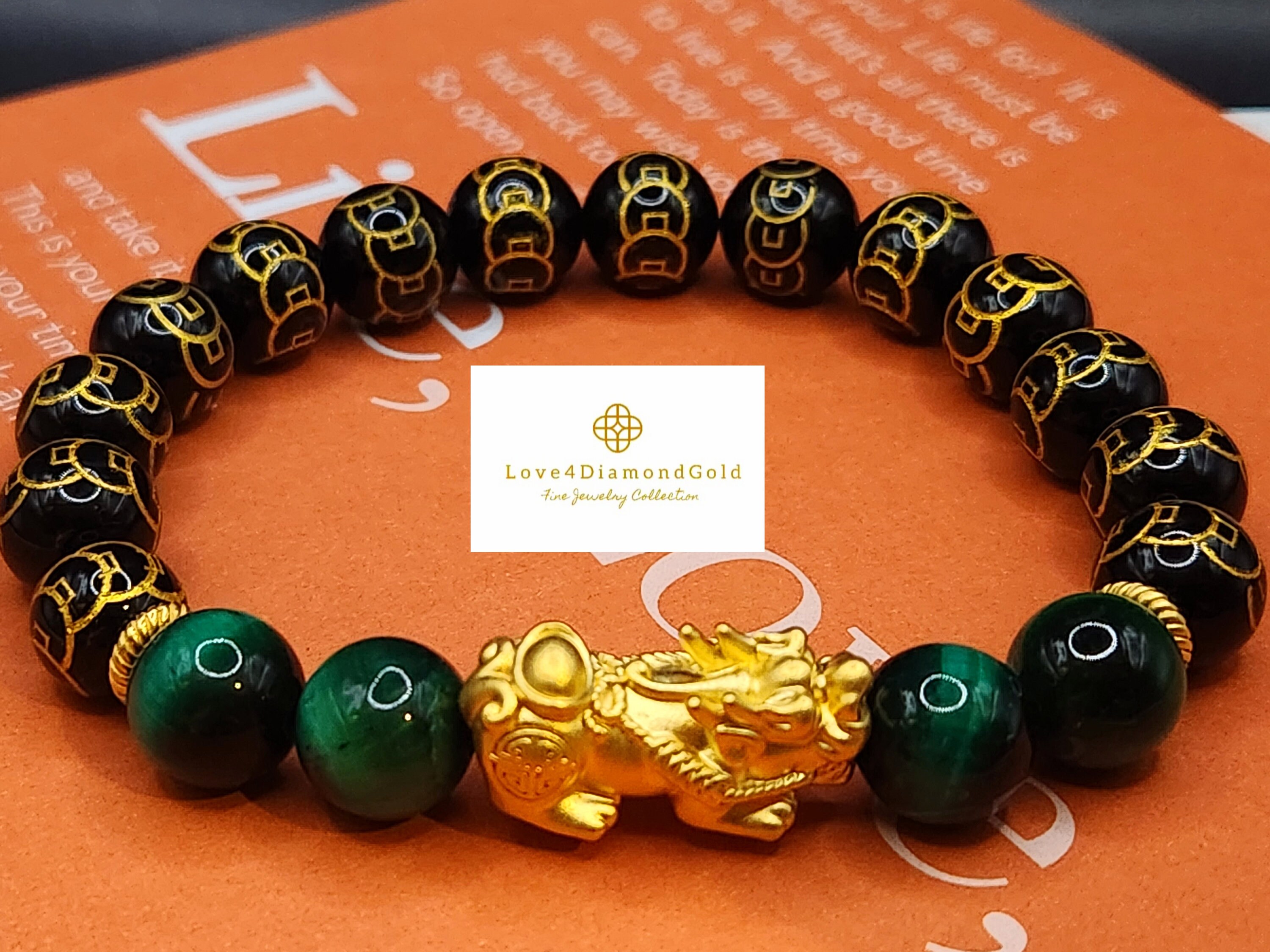 24K Gold Pixiu Bracelet: Onyx & Tiger Eye Feng Shui Piyao - Etsy