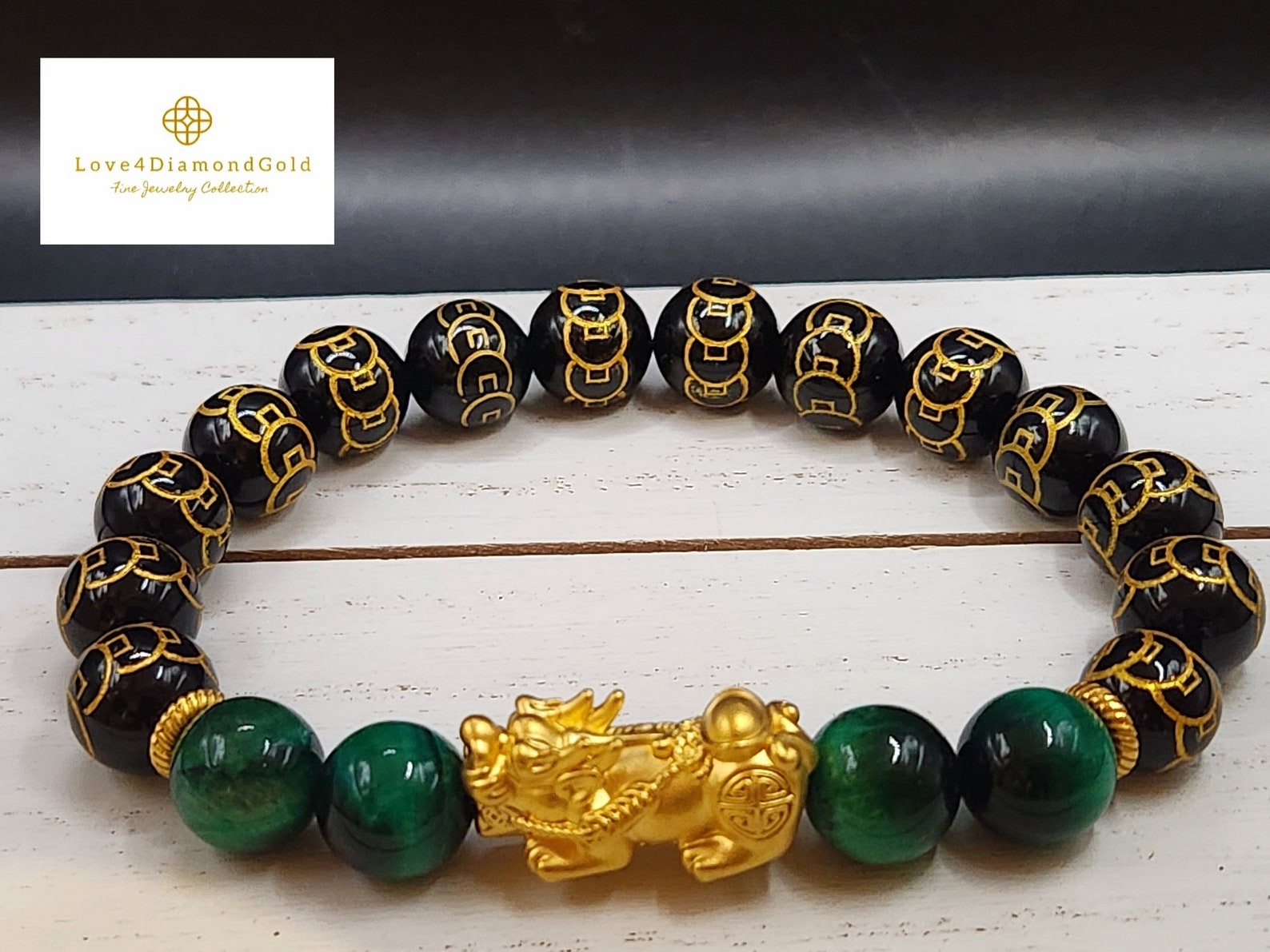 24K Gold Pixiu Bracelet: Onyx & Tiger Eye Feng Shui Piyao - Etsy