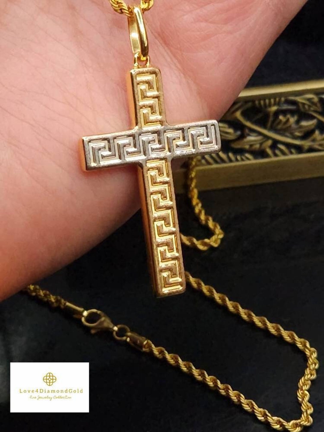 18K Solid Gold Cross Necklace Reversible Cross Necklace Big Cross ...
