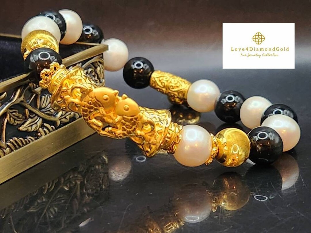 Real 24K Pure Gold Bracelet Lucky Bracelet Koi Fish Bracelet Feng Shui Bracelet 24K Gold Pearl ...