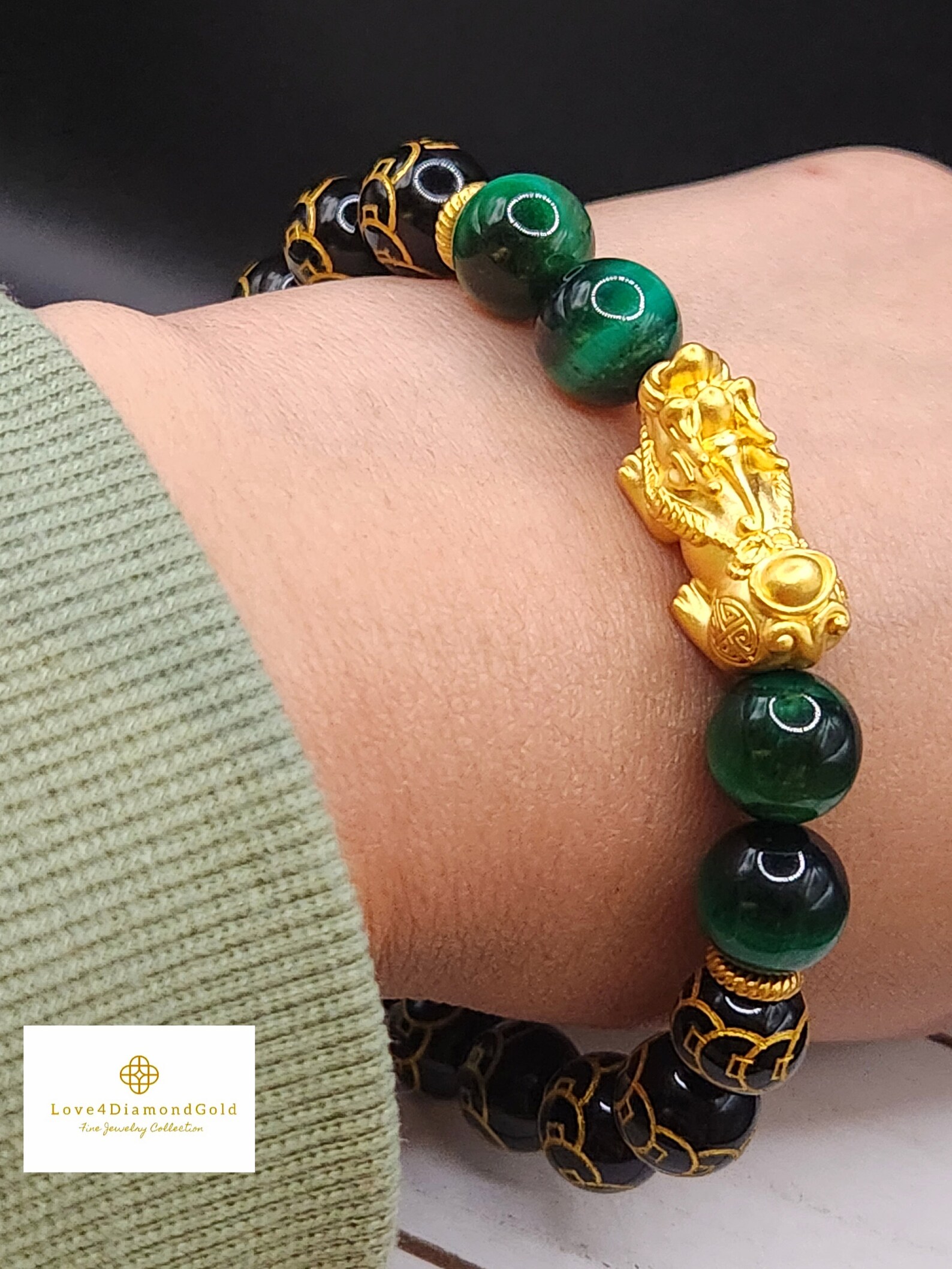 24K Gold Pixiu Bracelet: Onyx & Tiger Eye Feng Shui Piyao - Etsy