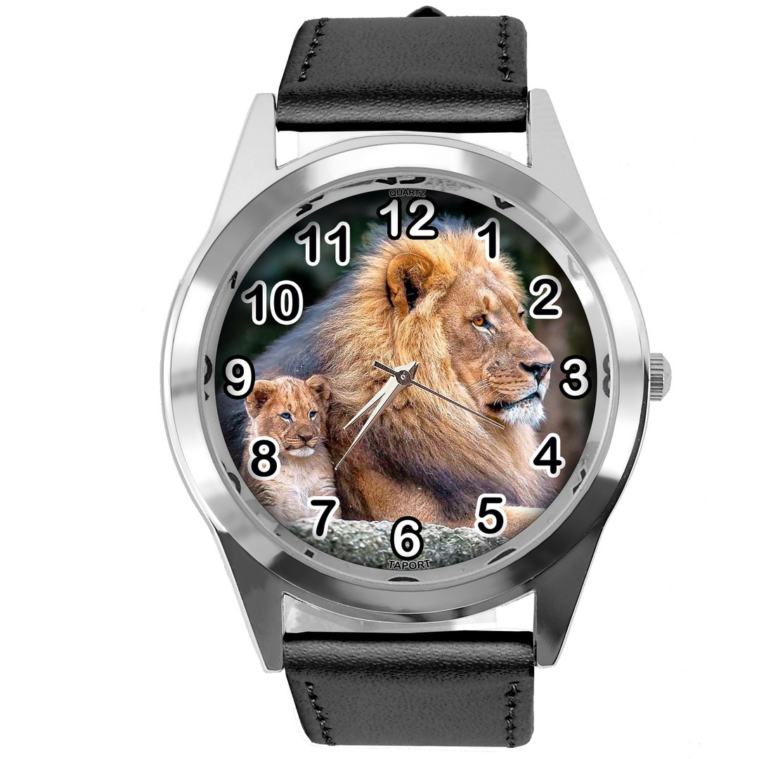 Black Leather Round Watch for Lion Fans - Etsy