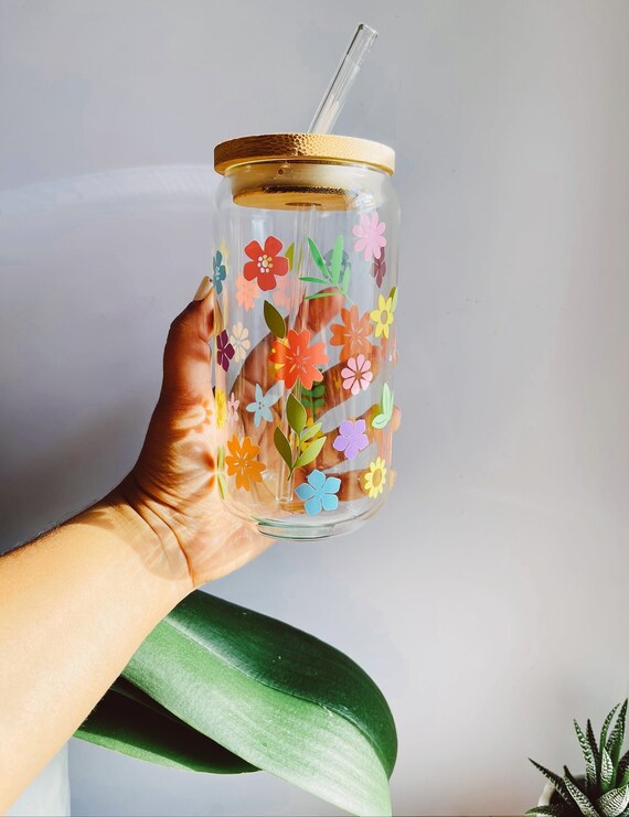 Floral Glass Can/ Flower Coffee Glass Can / Spring Glass Cup / | Etsy