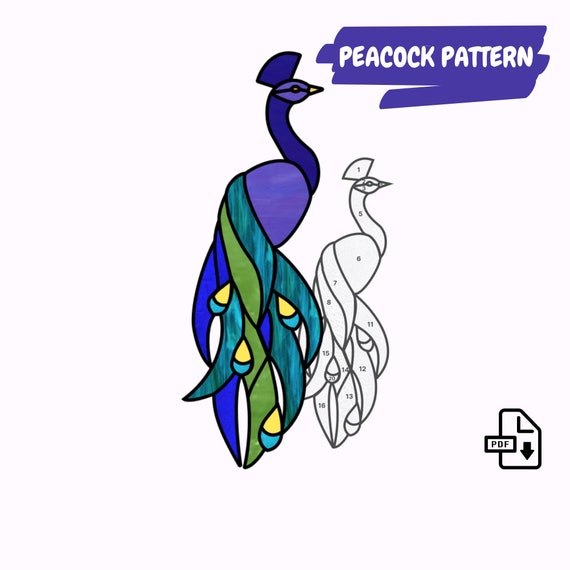 Simple Stained Glass Peacock Pattern Peacock & Hibiscus Flowers