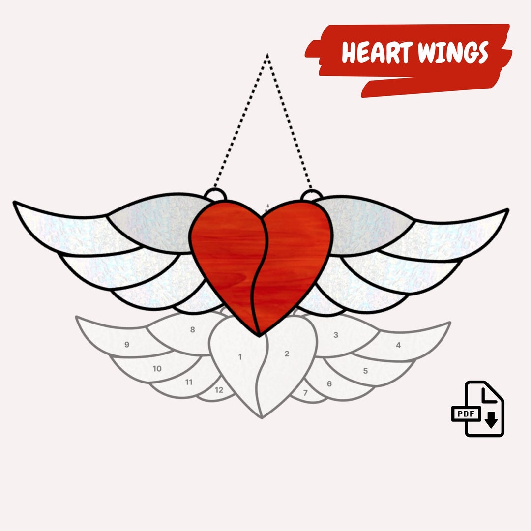 Angel Wings Stained Glass Pattern • Winged Heart Stained Glass Pattern ...