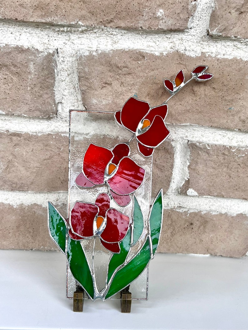 Stained Glass Orchid Panel With Stand Stained Glass - Etsy