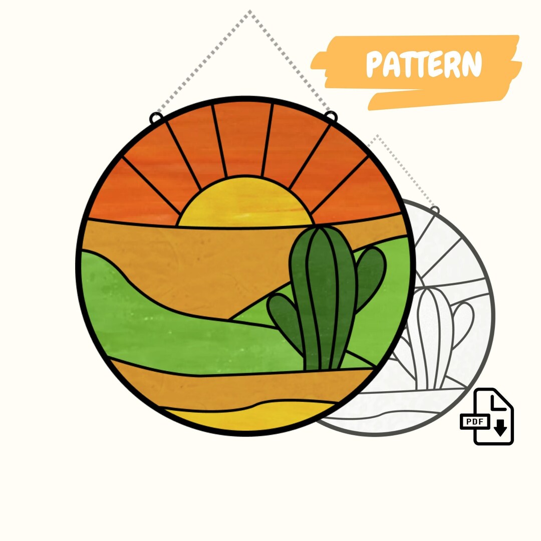 Cactus Stained Glass Suncatcher Pattern • Easy Cactus Landscape Window ...