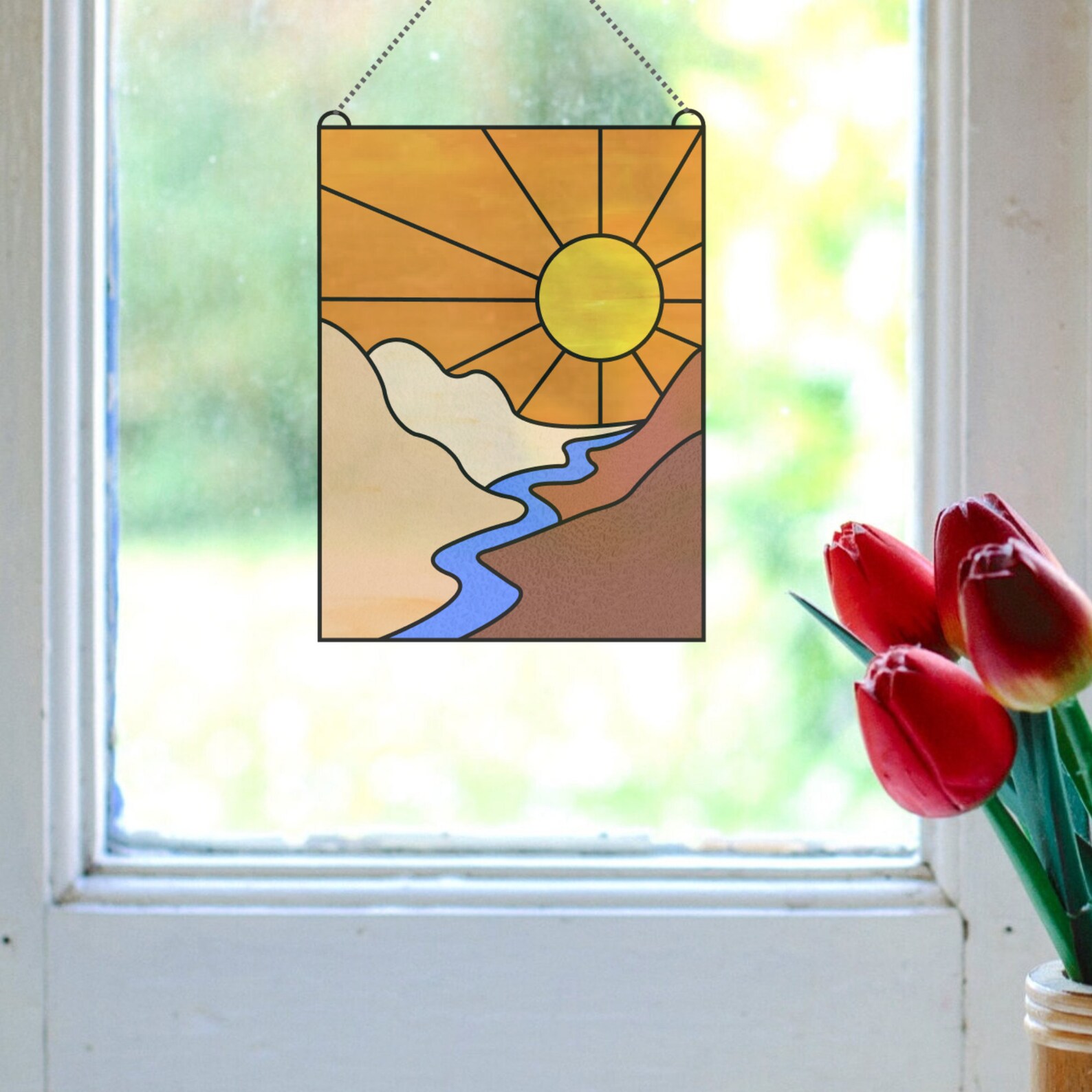 Sunset Stained Glass Landscape Pattern • Easy Window Hanging Suncatcher ...