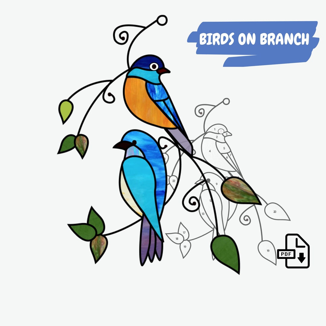 Stained Glass Birds Pattern • Birds on Branch Stained Glass Window ...