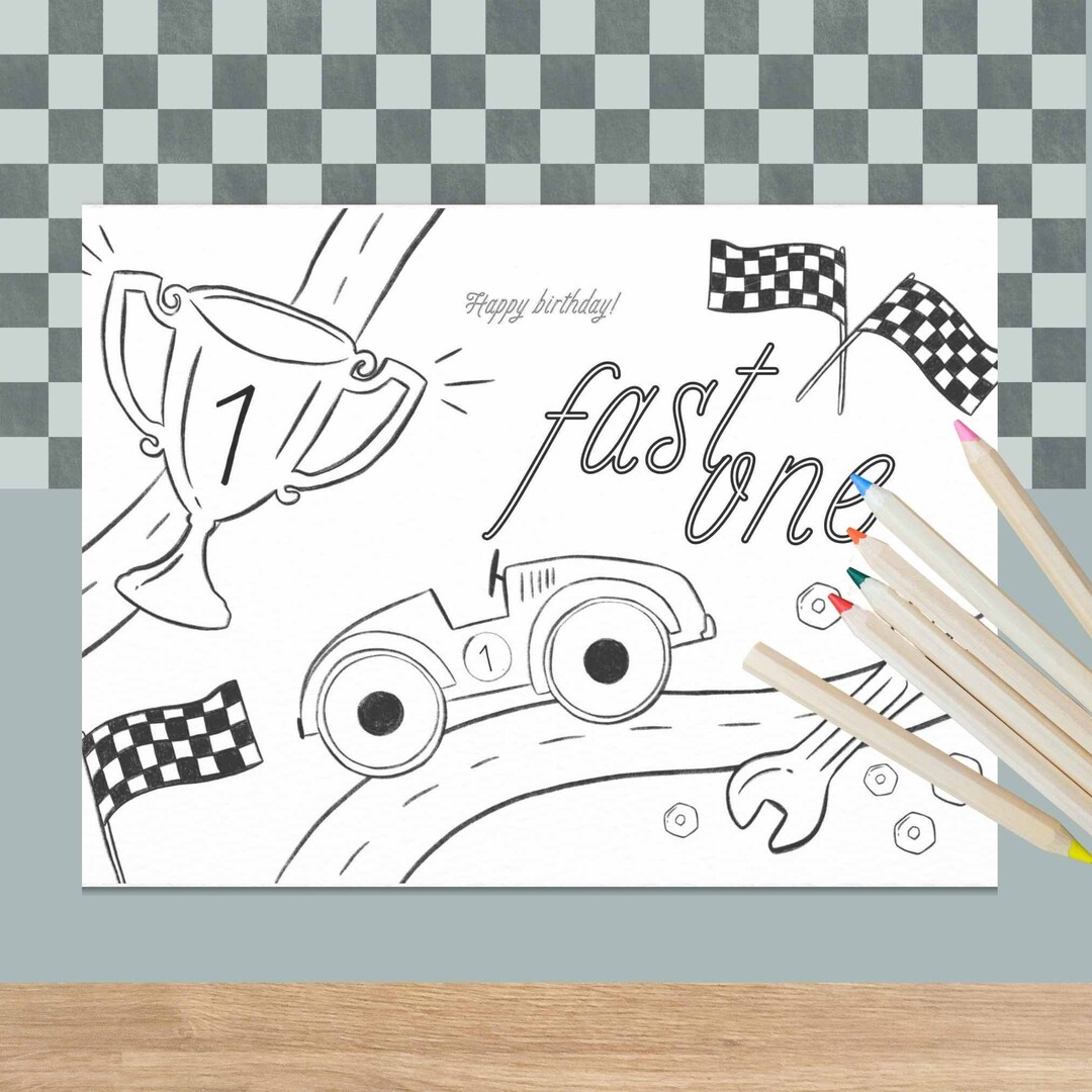 Fast One Birthday Coloring Page Placemat Template / Editable Racecar ...